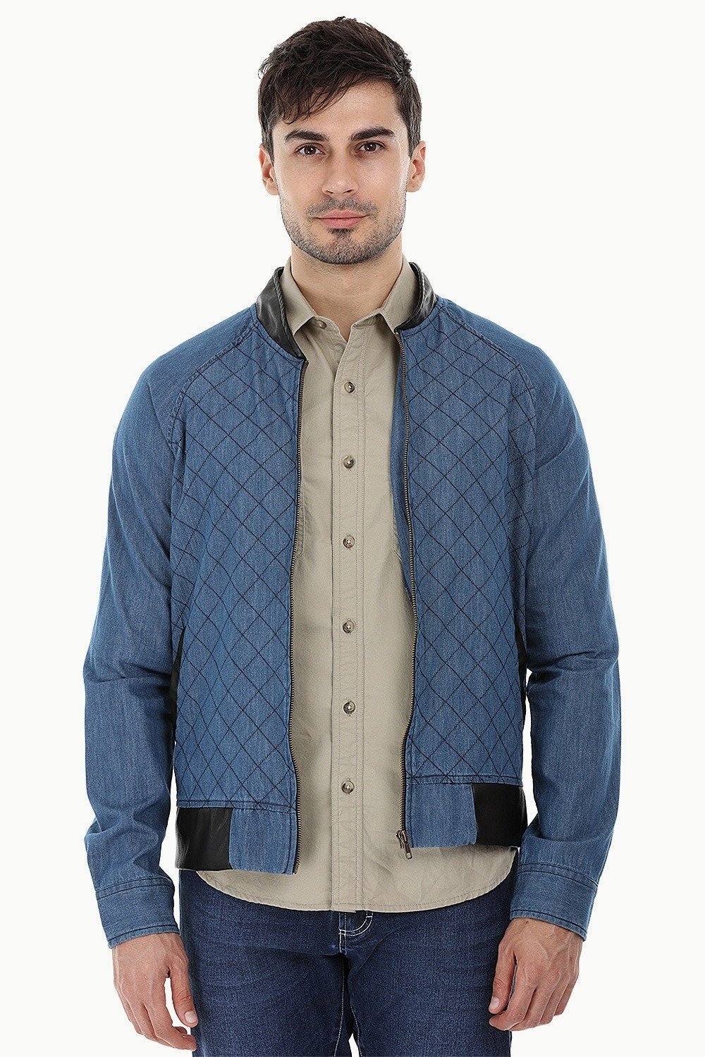 Buy Online Bold Denim Wash Knitted Sleeves Bomber Denim Jacket for Men ...