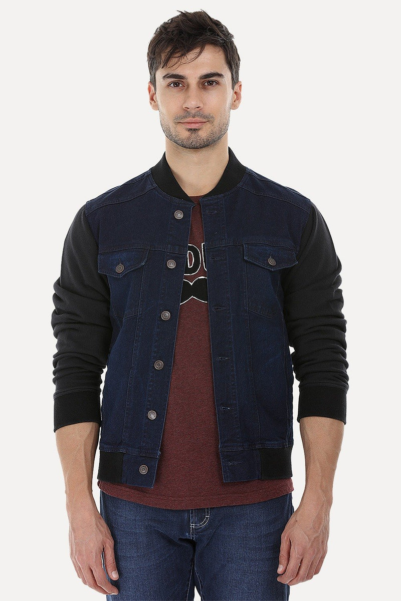 Buy Online Bold Denim Wash Knitted Sleeves Bomber Denim Jacket for Men ...